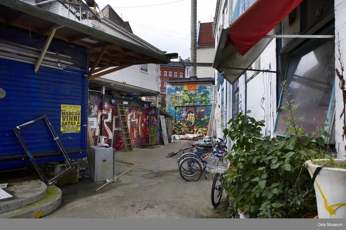Hausmania, eksteriør, indre gårdsrom, hustak, busker, graffiti, tagging ...