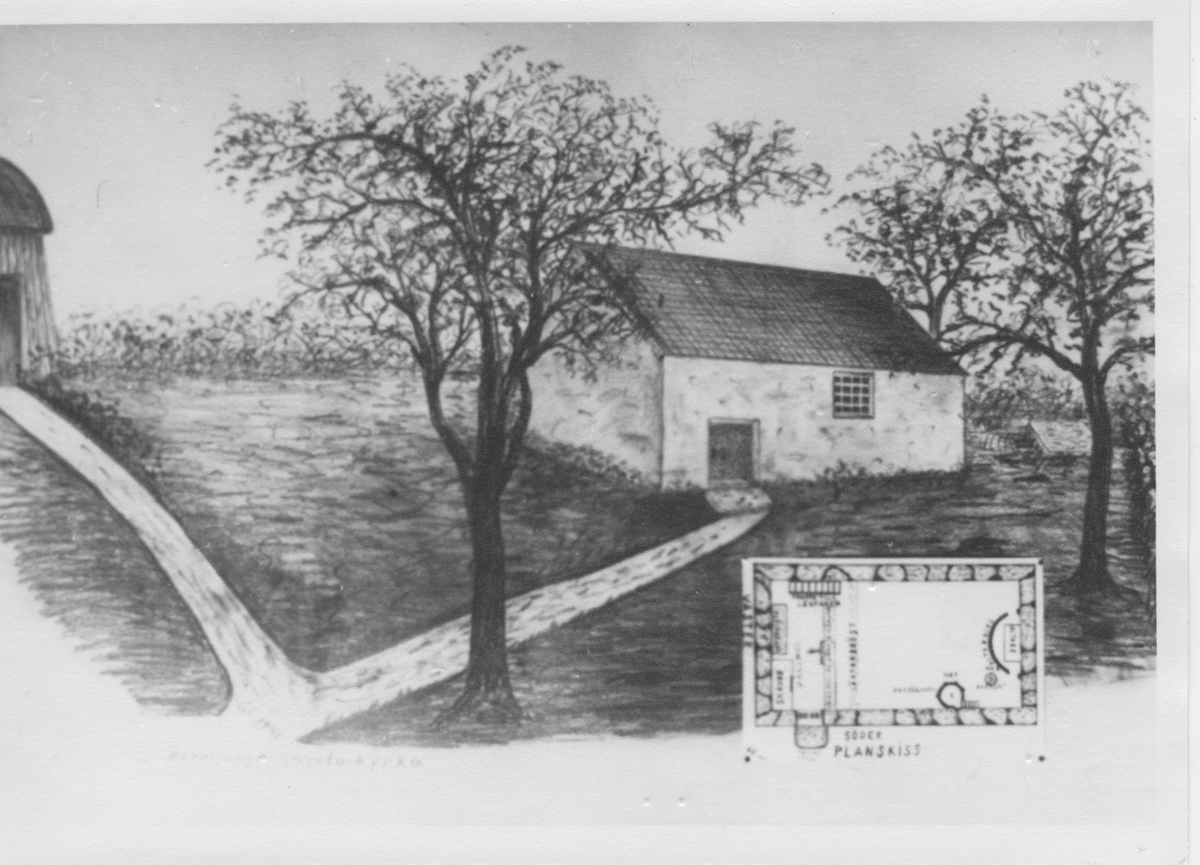 Herrljunga, Teckning och planskiss över Herrljunga gamla kyrka ...