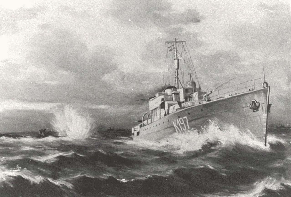 Flower-kl. korvett "Eglantine" i kamp. Foto etter maleri. - Forsvarets ...