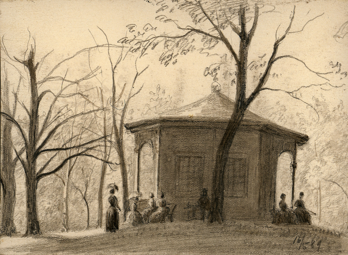 En paviljong i en park, kvinner. [tegning] - Oslo Museum / DigitaltMuseum
