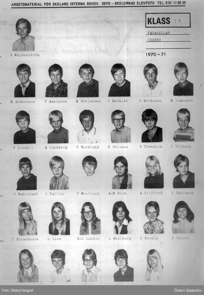 Klass 7 F Vasaskolan, 1970-1971 - Örebro Stadsarkiv / DigitaltMuseum