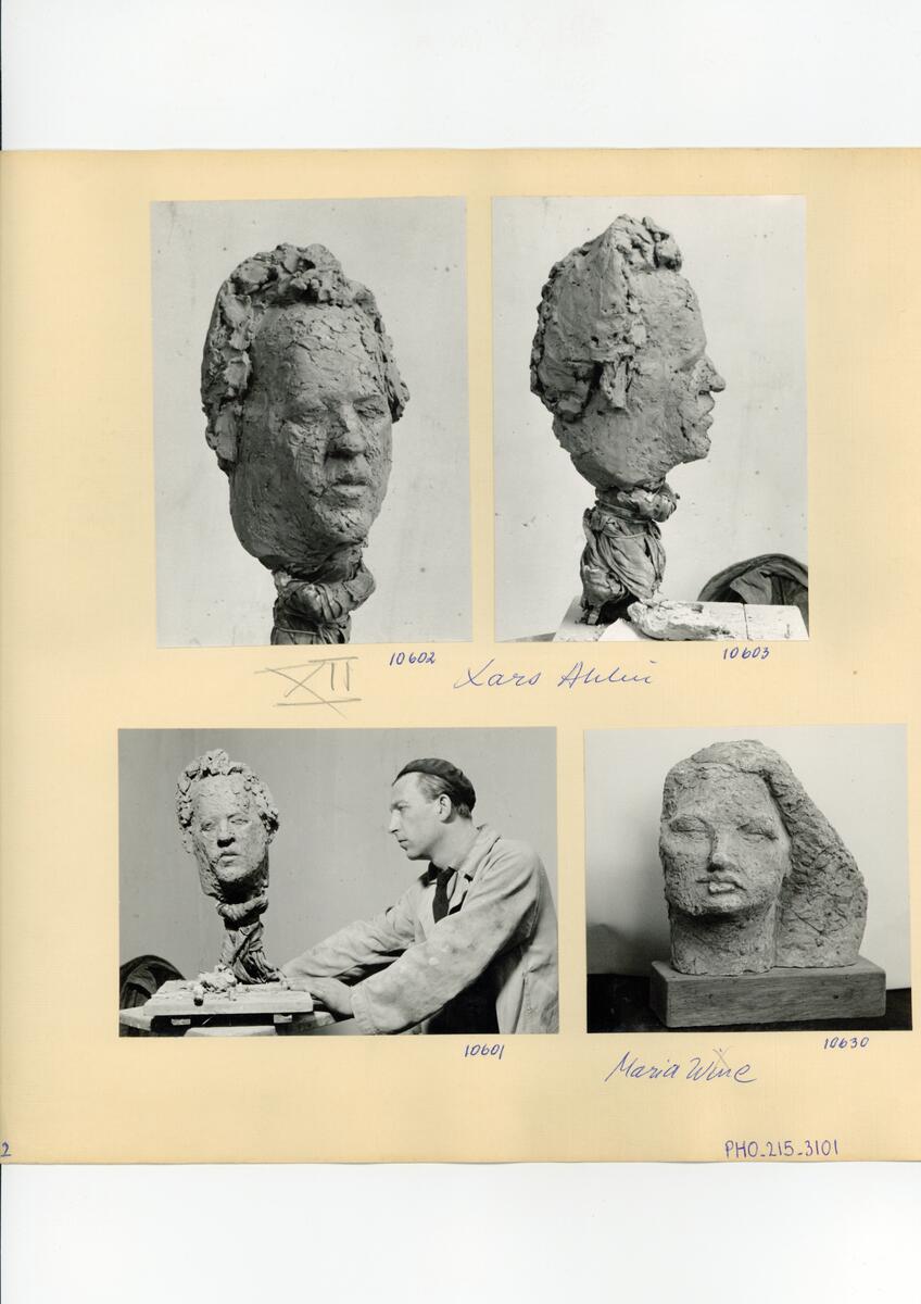 3 bilder av en skulptur, porträtt av Lars Ahlin, 1 bild av en skulptur ...