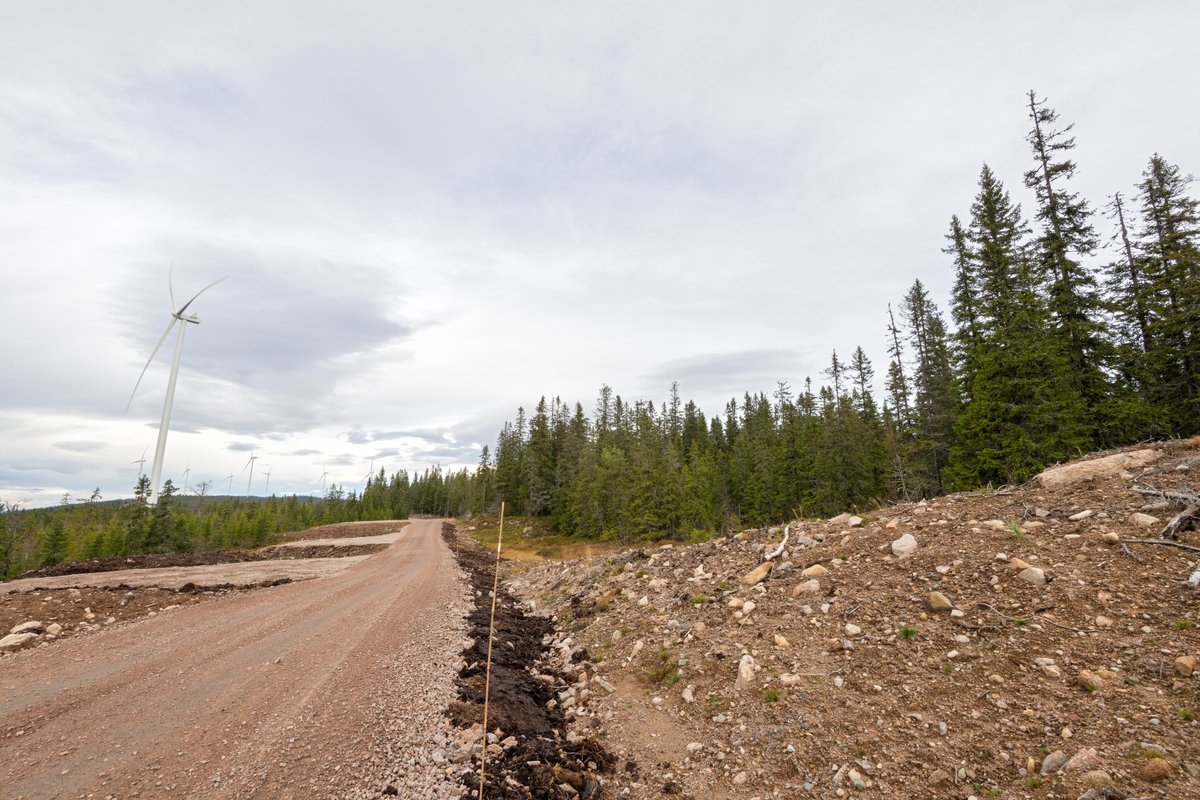 Vei og vindturbiner i Kjølberget vindkraftverk på Finnskogen. Våler ...