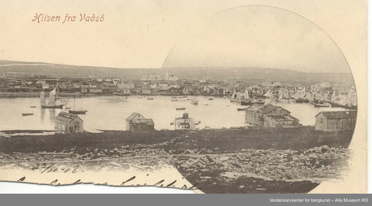 Vadsø, bebyggelse, båter, kirke, amtmannsgård, sjøhus, Vadsøya ...