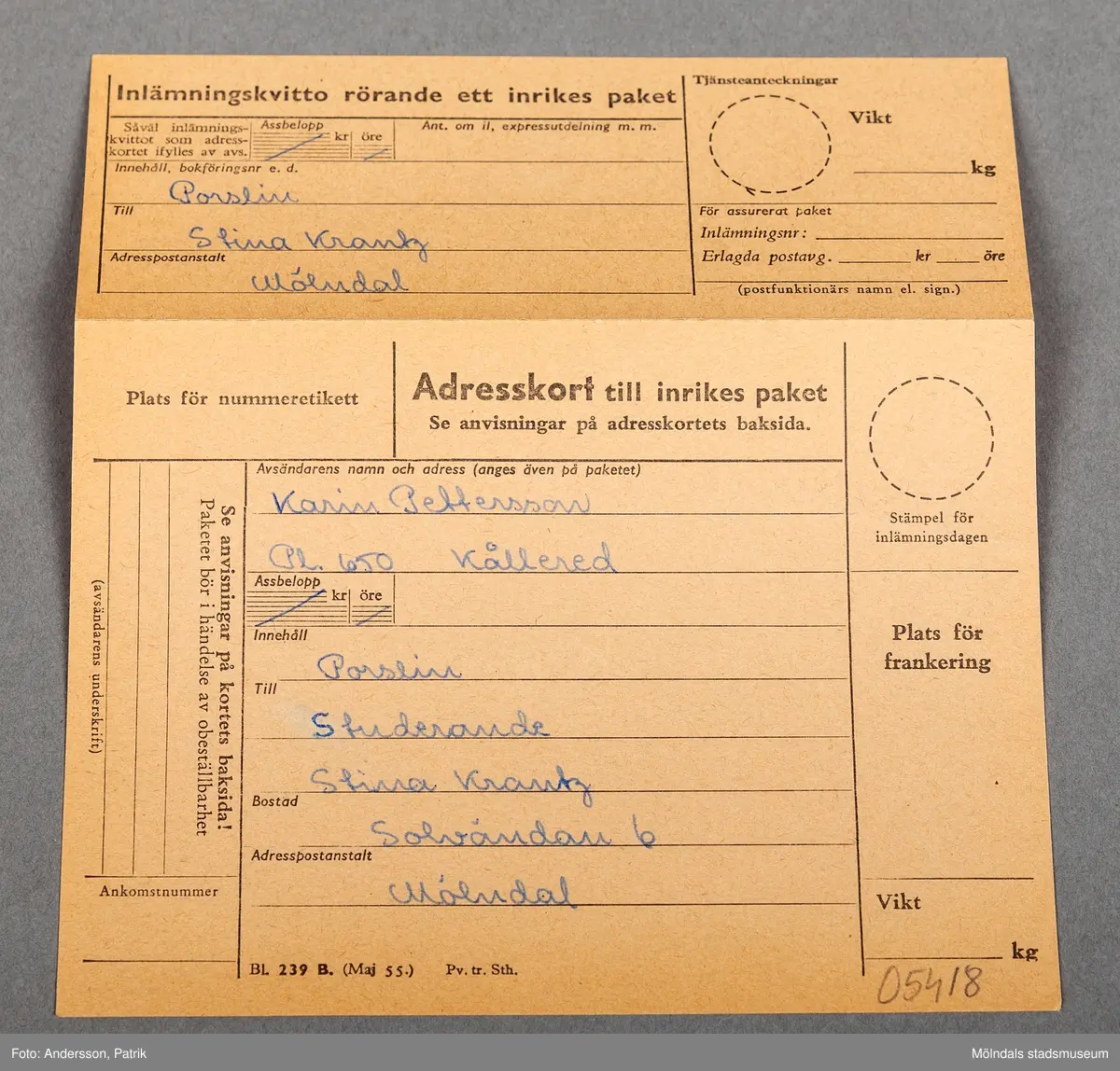 Adresskort - Mölndals stadsmuseum / DigitaltMuseum