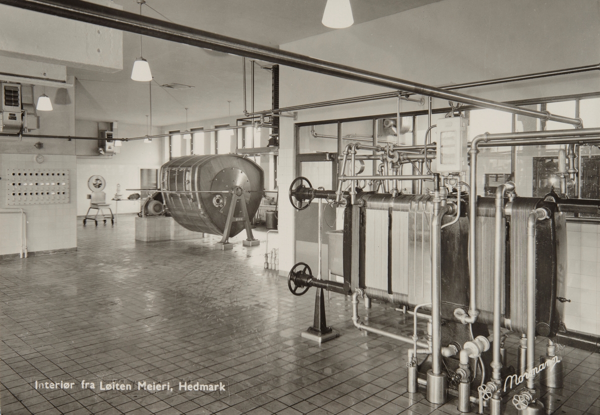 Postkort, Løten, interiør Løiten Meieri, produksjonslokaler, meiriet ...