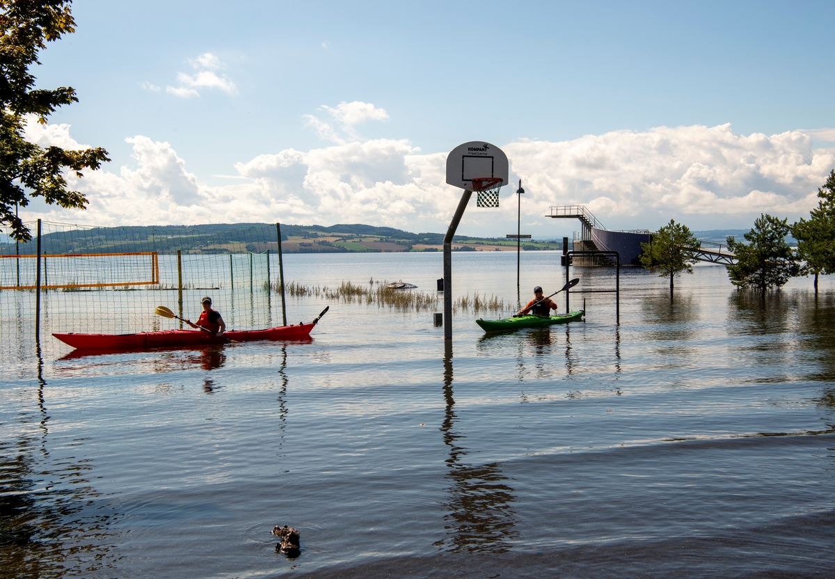 Flom i Mjøsa sommeren 2023. Mjøsflom. Flom 2023. Hamar sentrum ...