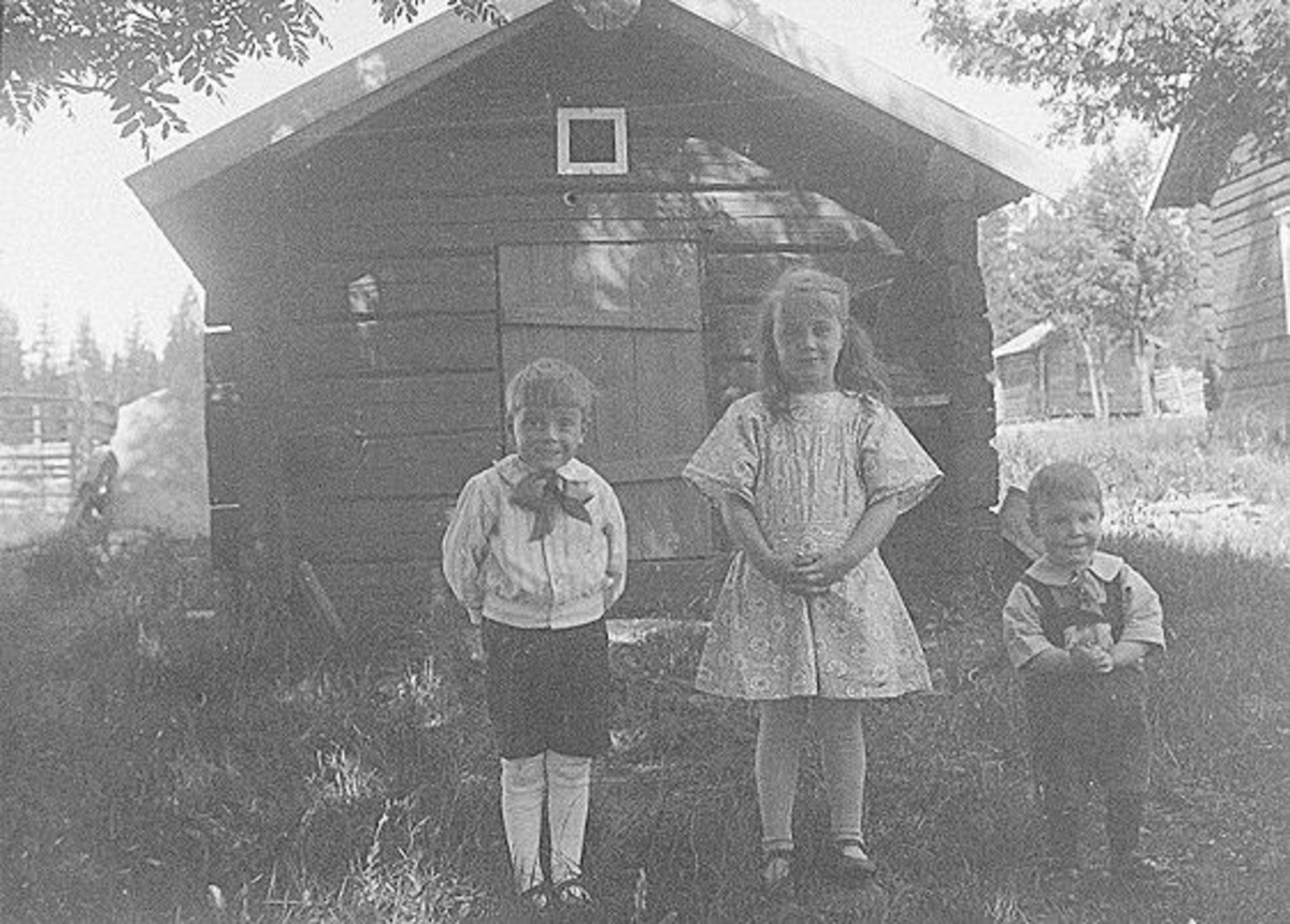 Gruppbild på tre barn framför en stuga. Lima, Dalarna - Nordiska museet ...