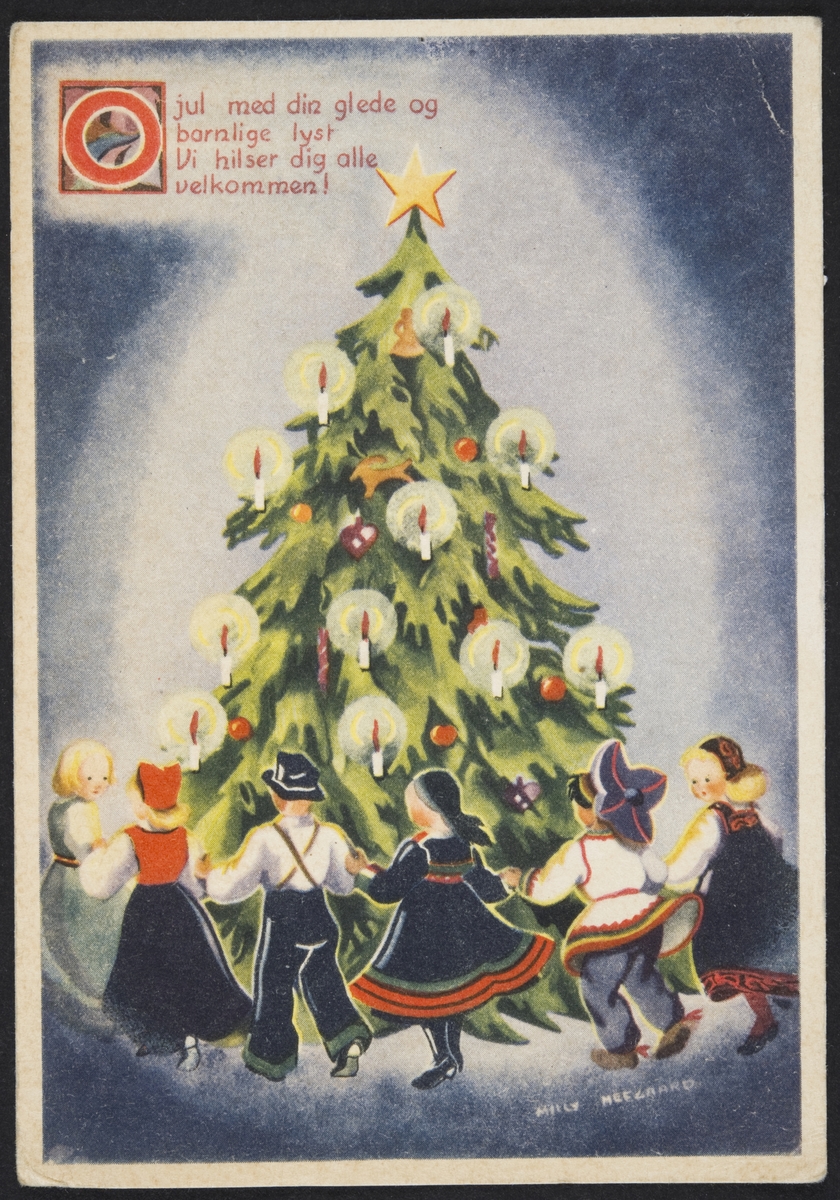 Julekort. Jule og nyttårshilsen. Barn i bunader går rundt juletre ...