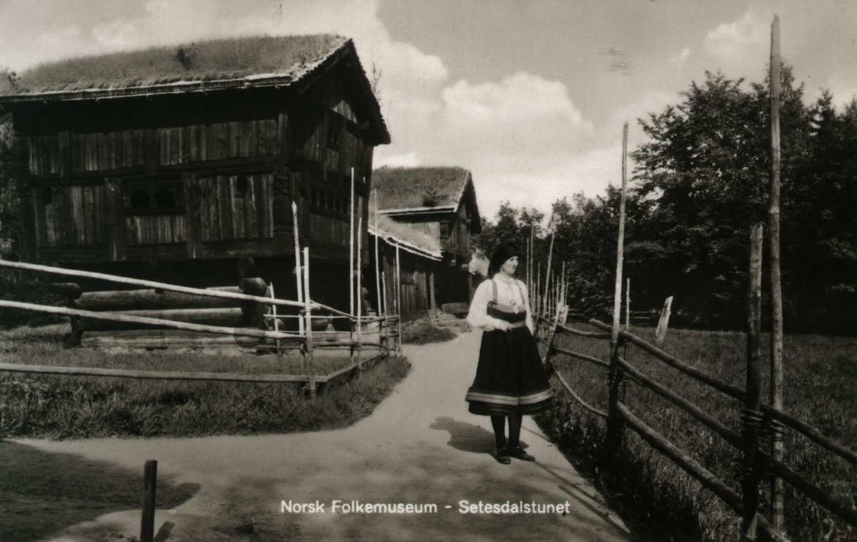 Postkort. Kvinne i setesdalsbunad på veien mellom gårdsbygningene og ...