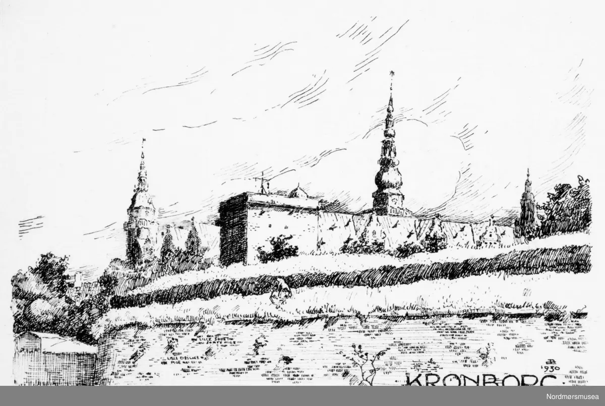 Tegning av Kronborg slott i Helsingør, Danmark. Fra Kaptein John ...
