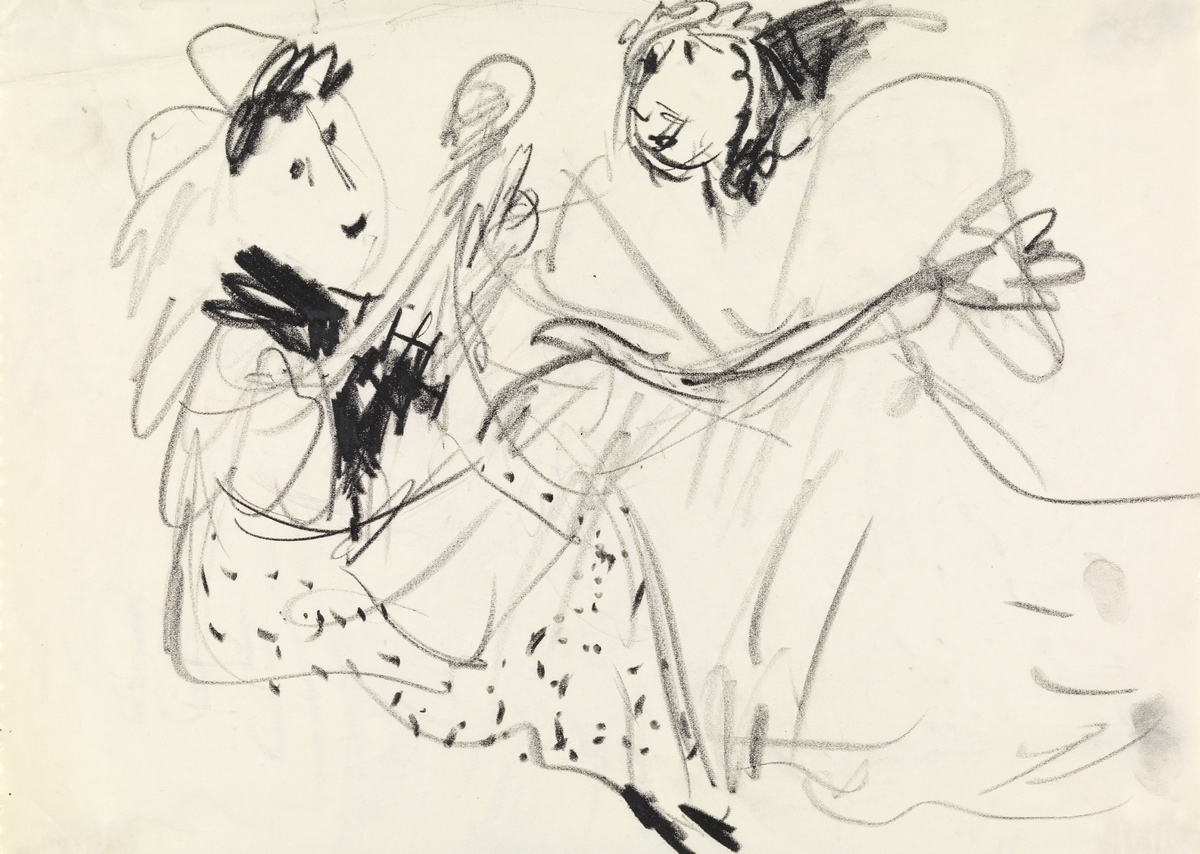 Lydia Opøien som Toinette og Bjørg Svendsen som Angélique [Tegning ...