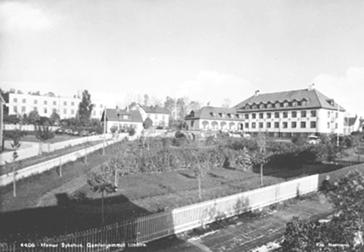 Postkort, Hamar sykehus, til høyre Hamar gamlehjem, Skolegata 32 ...