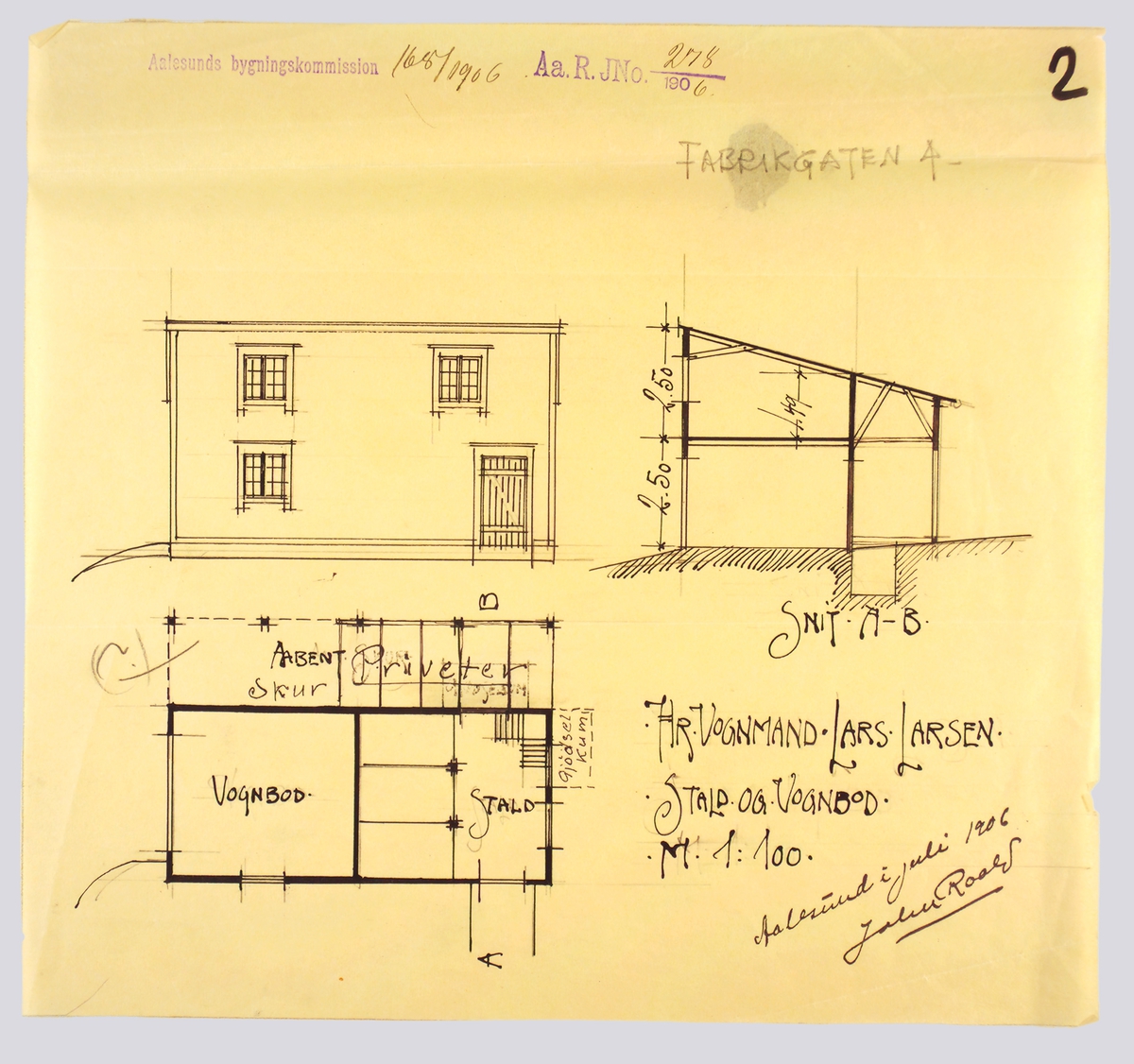Hr. Vognmand Lars Larsen. Vaaningshus ved Fabrikgaden [Arbeidstegning ...