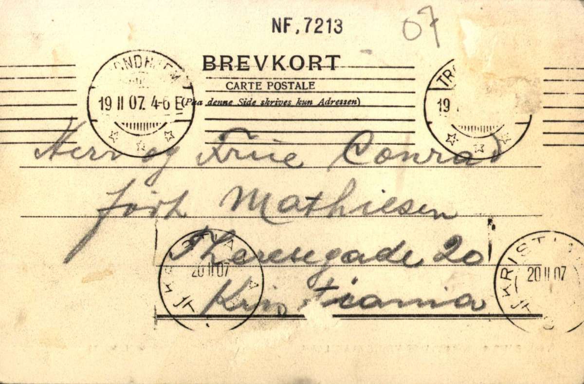 Postkort. Sort/hvitt bilde. Gråkallen. Stemplet Trondheim 19.02.1907 ...