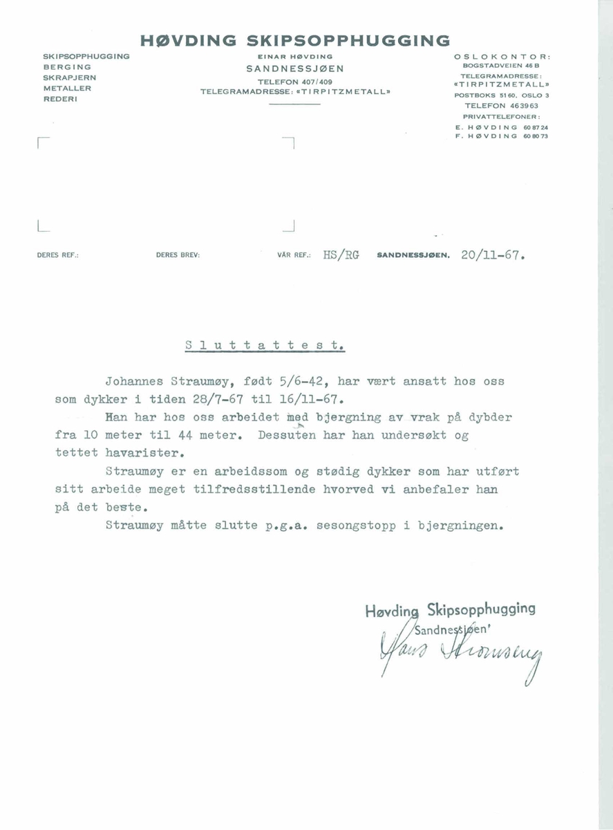 Attest fra Høvding skipsopphugging - Norsk Oljemuseum / DigitaltMuseum